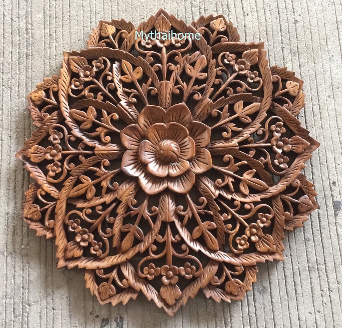 Round Mandala Carved Wood Wall Art Lotus Flower Teak Panel - Etsy
