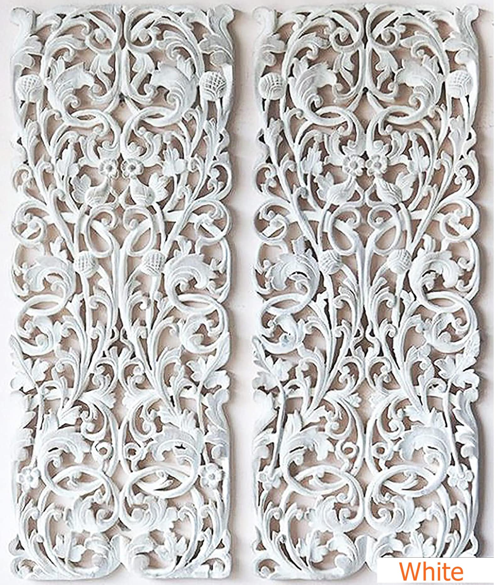2 Panels White Wood Wall Art Thai Wood Carving Sculpture - Etsy