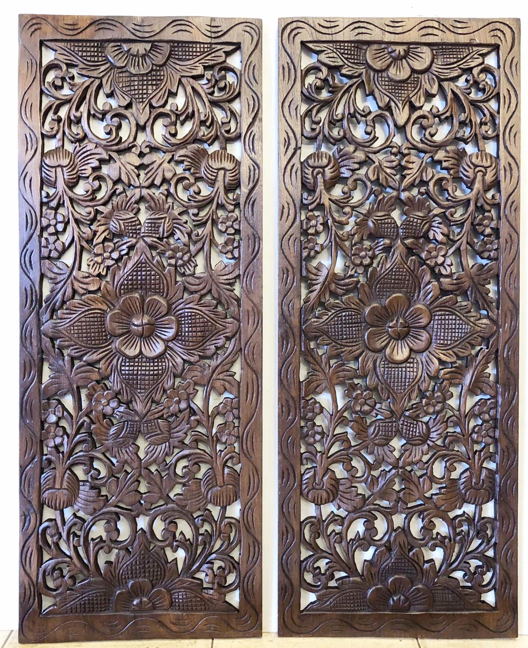 2 Pcs Wood Carving Panel 36 Inches Natural Color Mandala Wood Carved ...