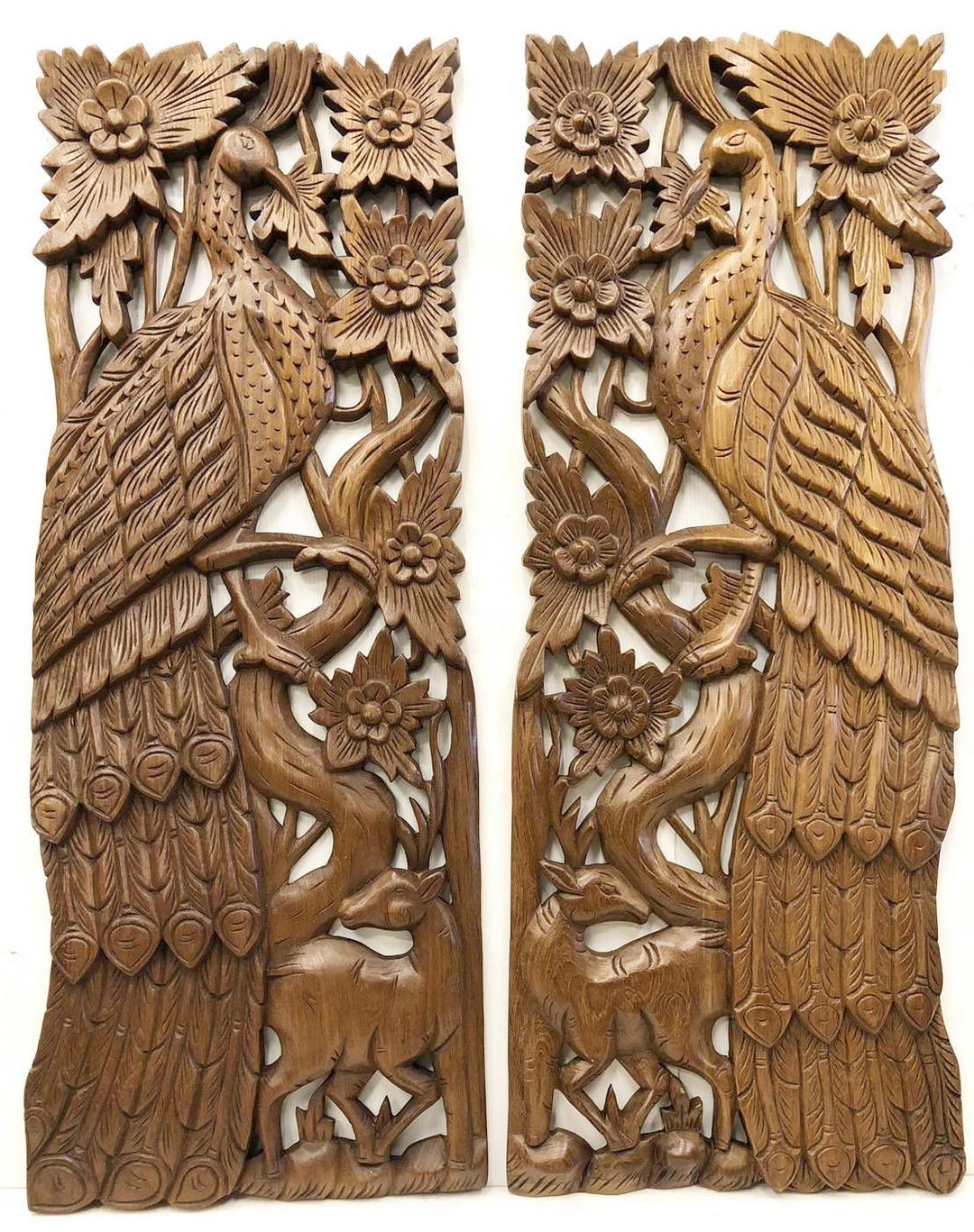 Beautiful Wood Carving Peacock Bird Set of 2, Natural Reclaimed Teak ...