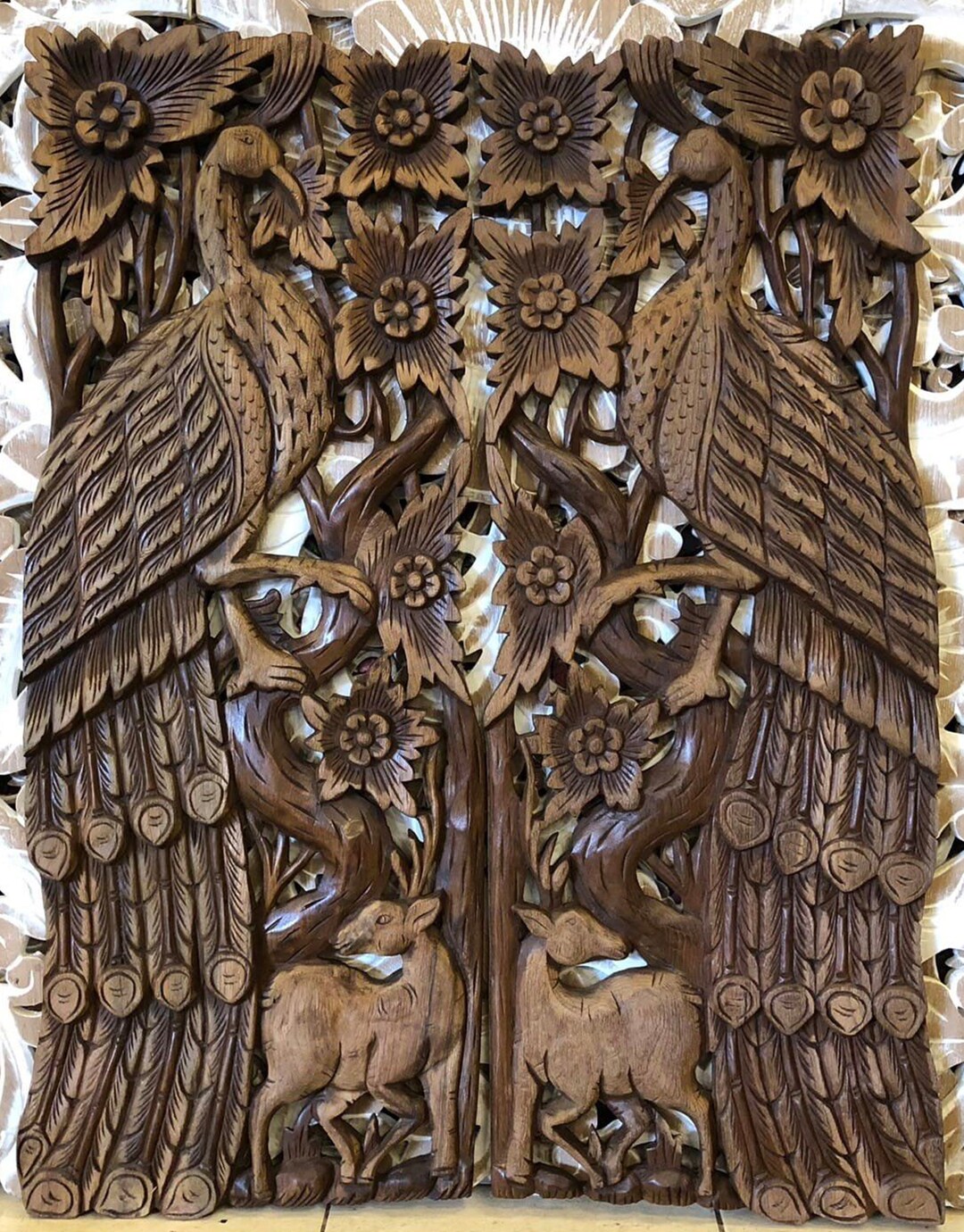 Wood Carved Peacock Panel, Wood Carved Bird Panel, Carved Wood Wall ...