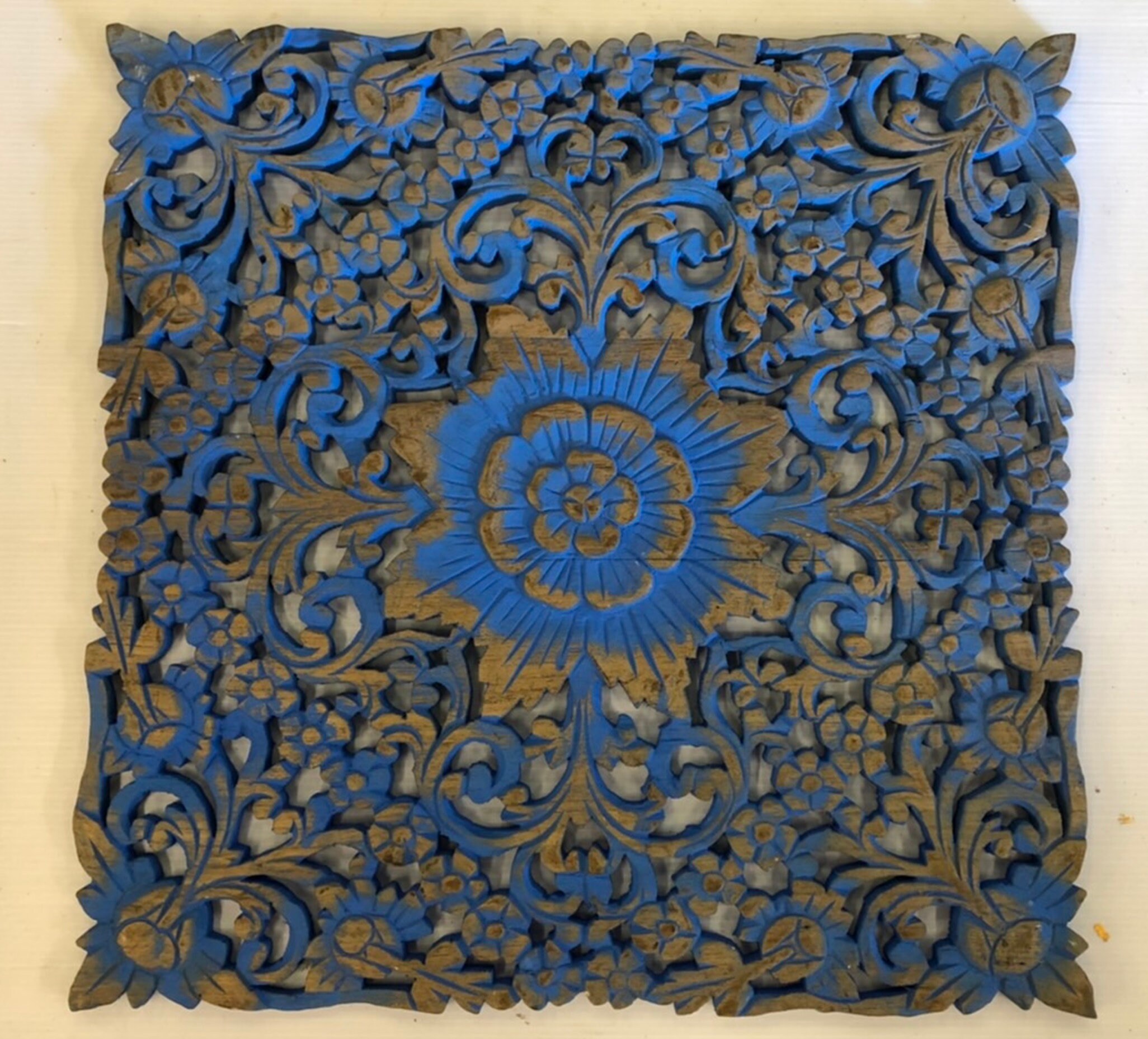 Boho Lotus Flower Teak Wall Art Wood Carving Panel 43cm 17.5 ...