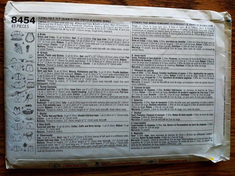 Simplicity Craft Pattern 8454 Clothes for Stuffed or Bean Bag Animals ...