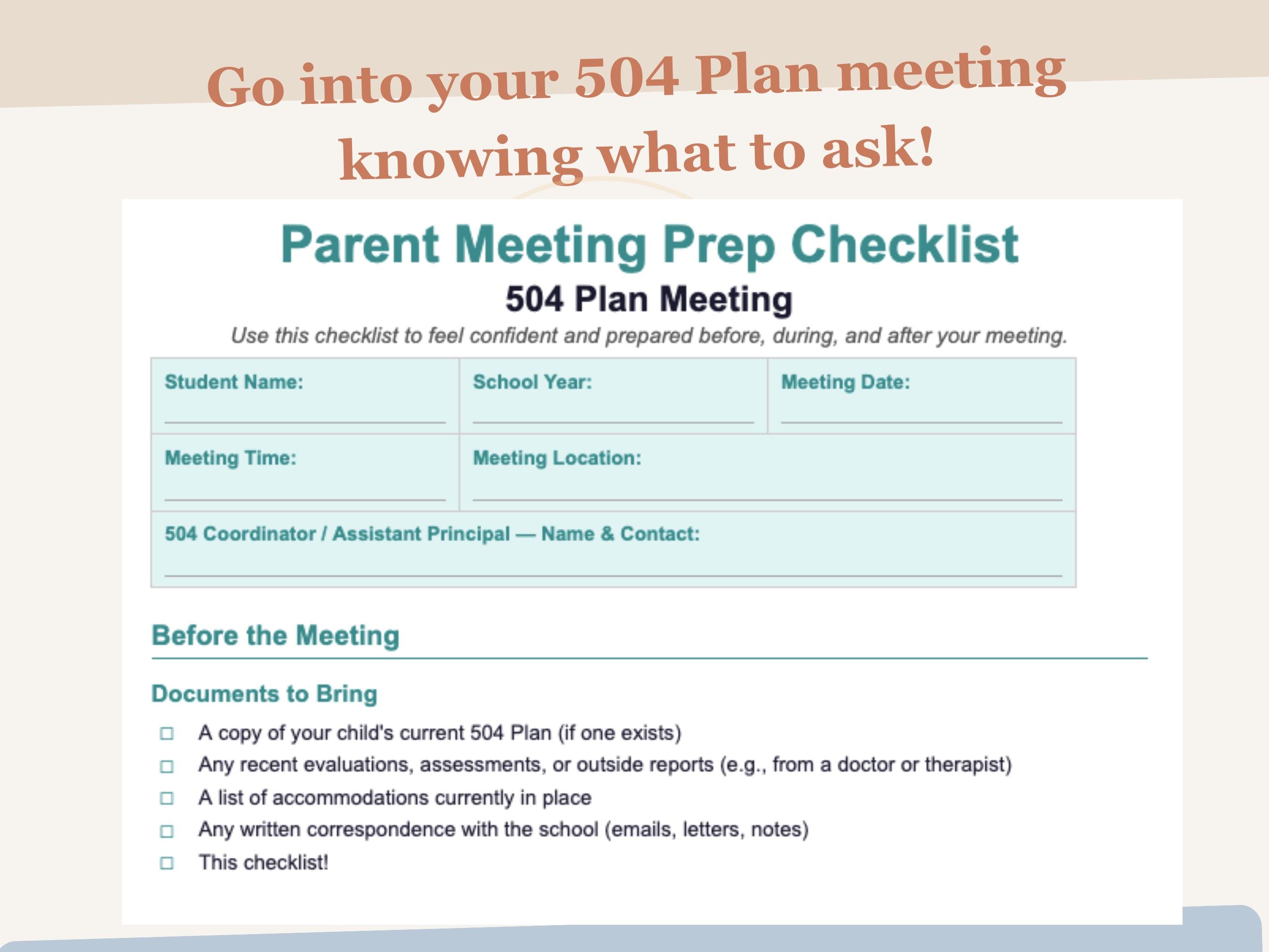504 Plan Parent Guide | Printable School Meeting Prep Checklist and ...