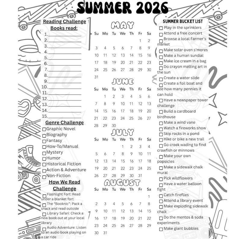 Summer 2026 Coloring Poster Calendar | Bucket List Reading Challenge ...