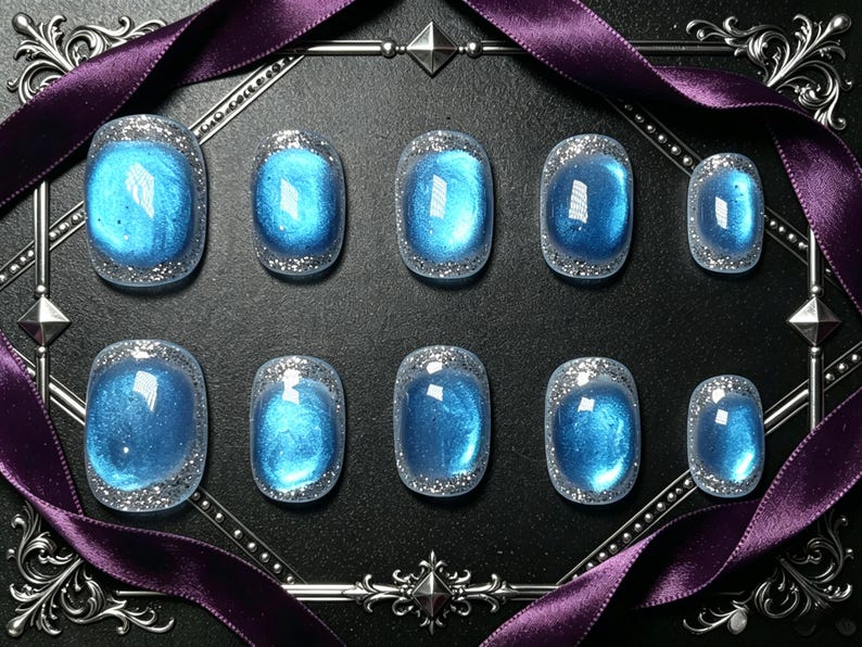 Midnight Blue Cat Eye Press-on Nails, Silver Glitter French Border ...