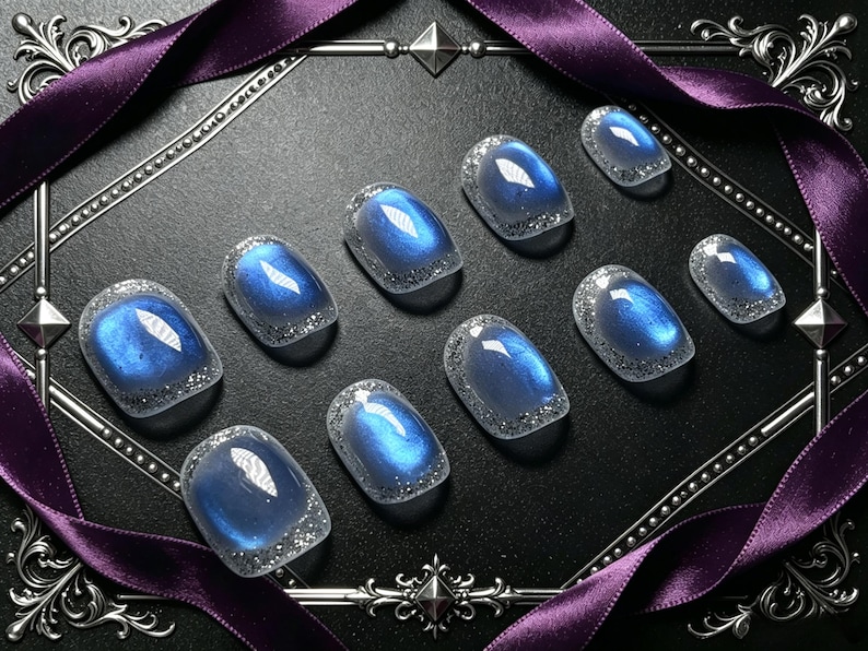 Midnight Blue Cat Eye Press-on Nails, Silver Glitter French Border ...