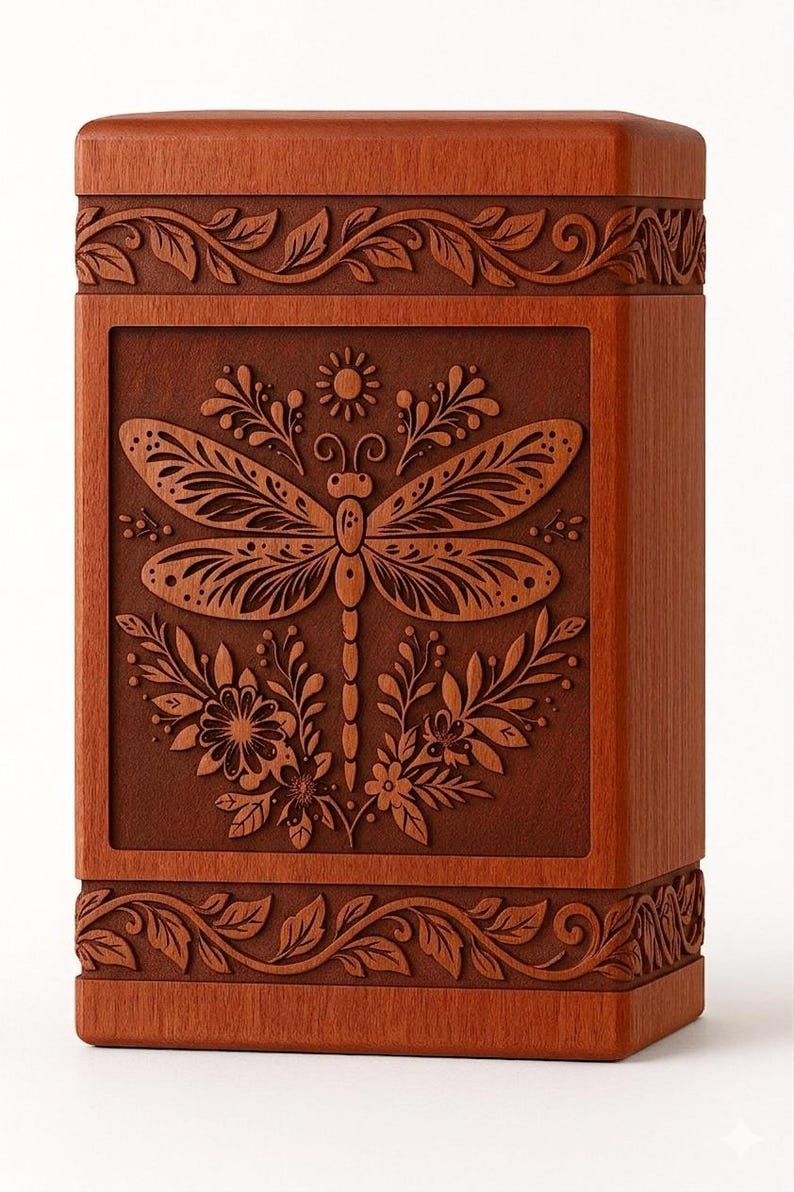 Handcrafted Wooden Dragonfly Urn – Floral Engraved Memorial Keepsake ...