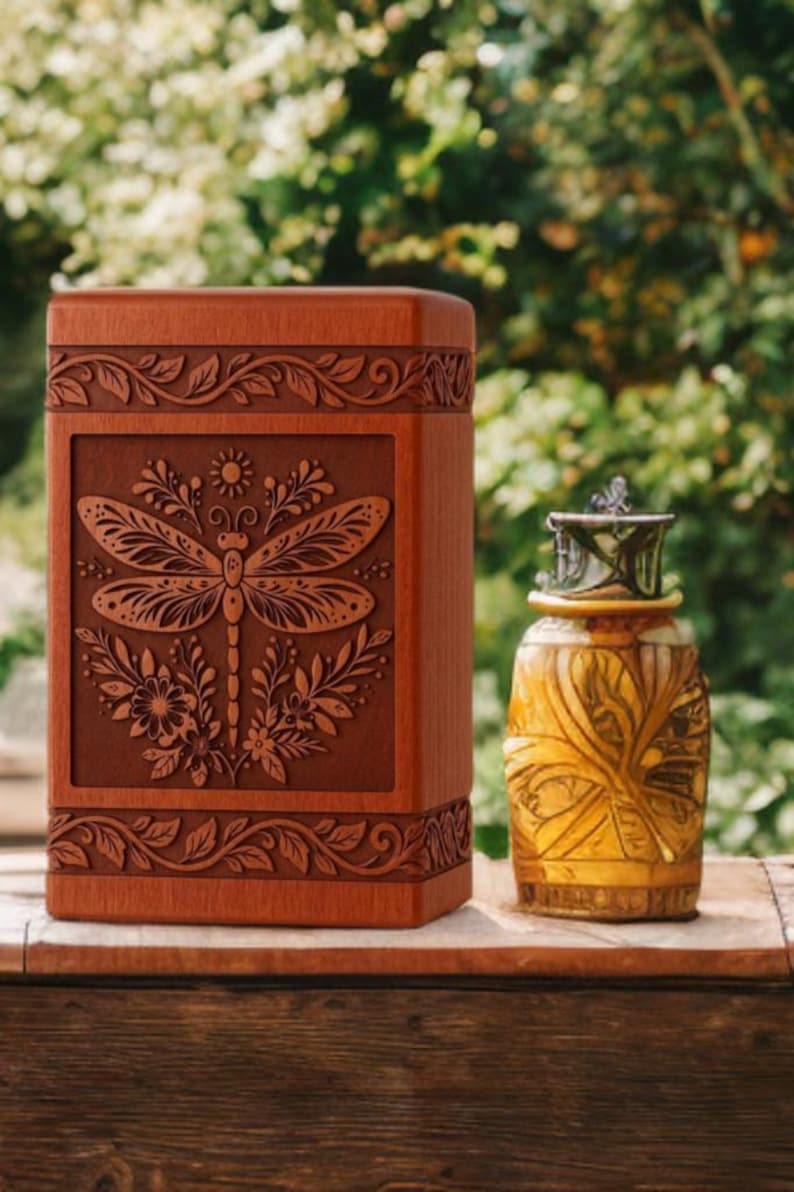 Handcrafted Wooden Dragonfly Urn – Floral Engraved Memorial Keepsake ...