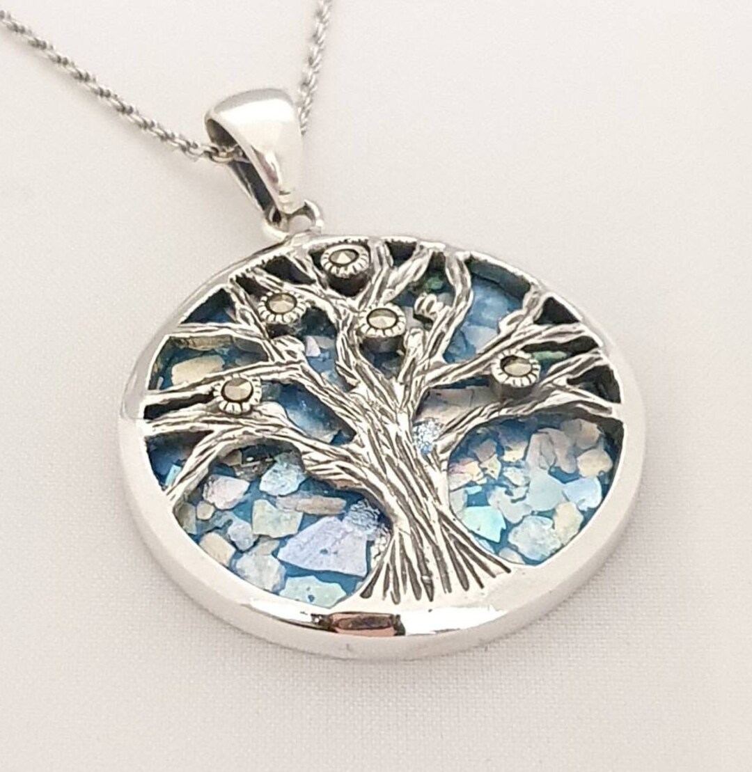 Ancient Roman Glass Tree of Life Pendant: Sterling Silver Marcasite ...