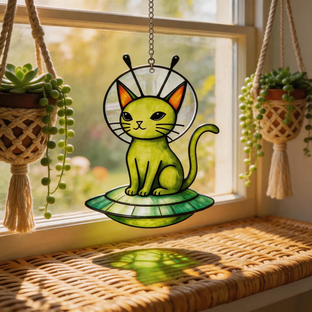 Stained Glass Alien Cat Suncatcher, Cute UFO Cat Window Hanging, Green ...