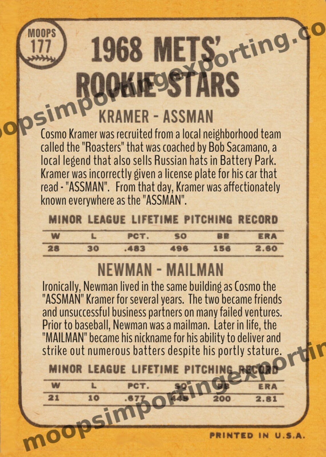 Kramer and Newman 1968 Retro Vintage Style Baseball Card NY Parody Art ...