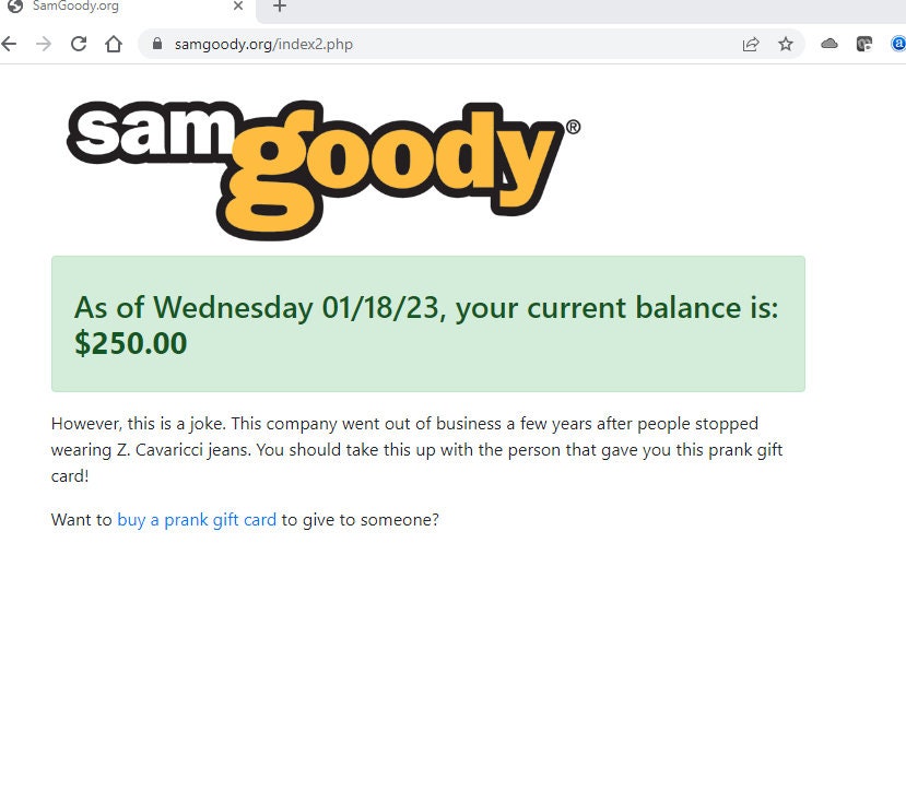 Sam Goody Prank Gag Gift Card Birthdays Christmas Graduation Gag Gift ...