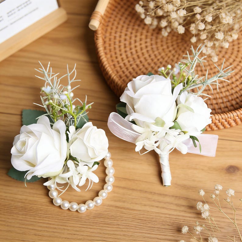 White Real Rose Boutonniere & Pearl Wrist Corsage Set | Artificial ...