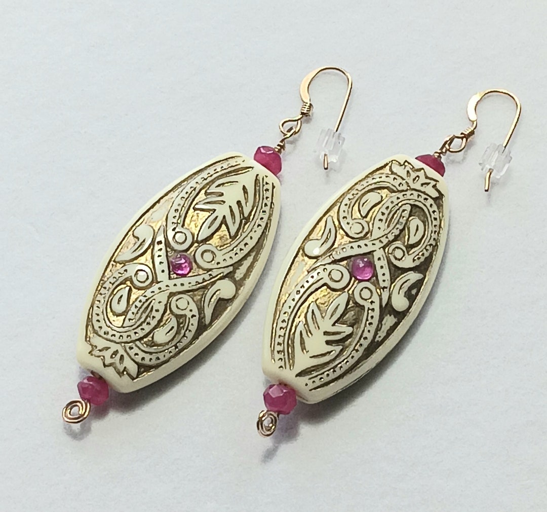 Medieval Museum Earrings - Ruby, Carved Faux Bone Resin, Golden Inlay ...