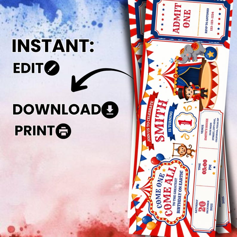 Editable Carnival Ticket Invitation, Circus Birthday Party Invite ...