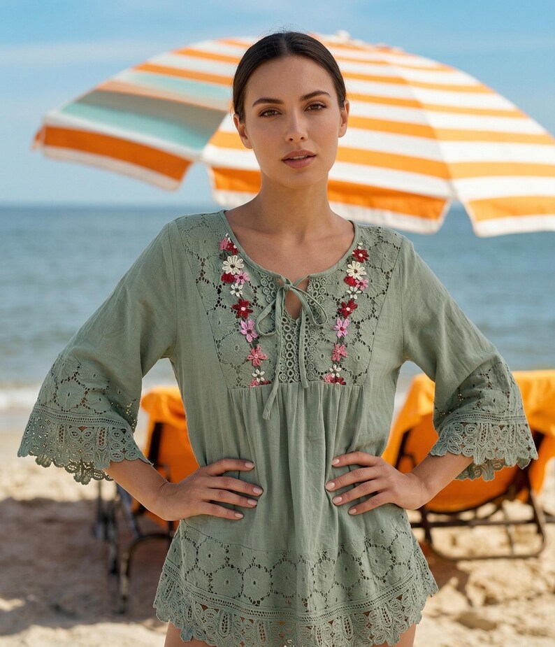 Boho Lace Blouse With Floral Embroidery, Vintage Cottagecore Top ...