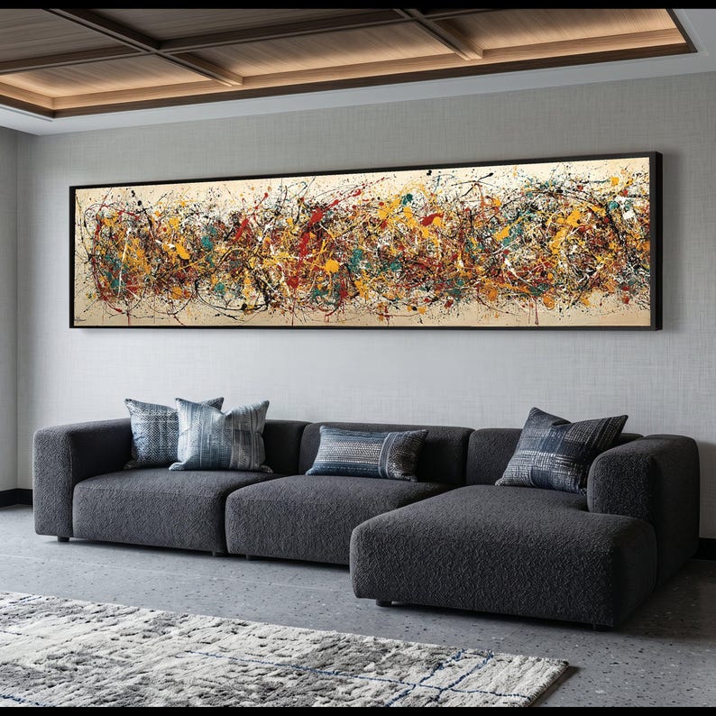 Long Narrow, Vibrant Abstract Splatter Canvas, Colorful Modern Wall Art ...