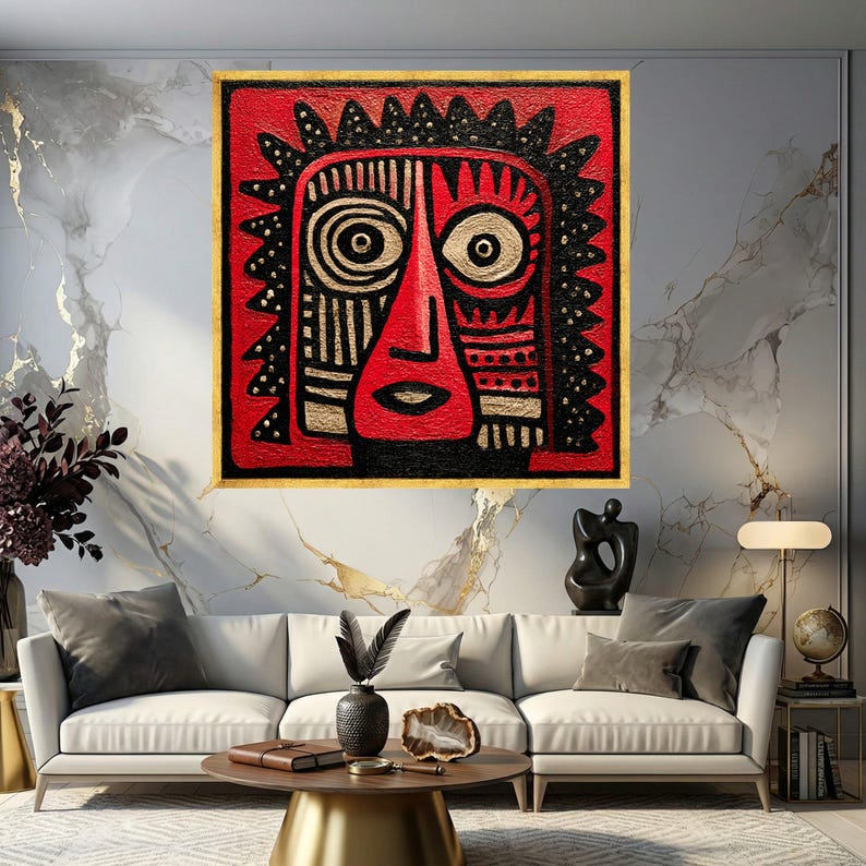 Bold Abstract Tribal Face Canvas, Modern Ethnic Wall Art, Geometric ...
