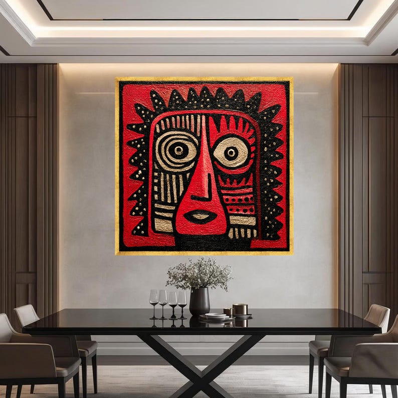 Bold Abstract Tribal Face Canvas, Modern Ethnic Wall Art, Geometric ...