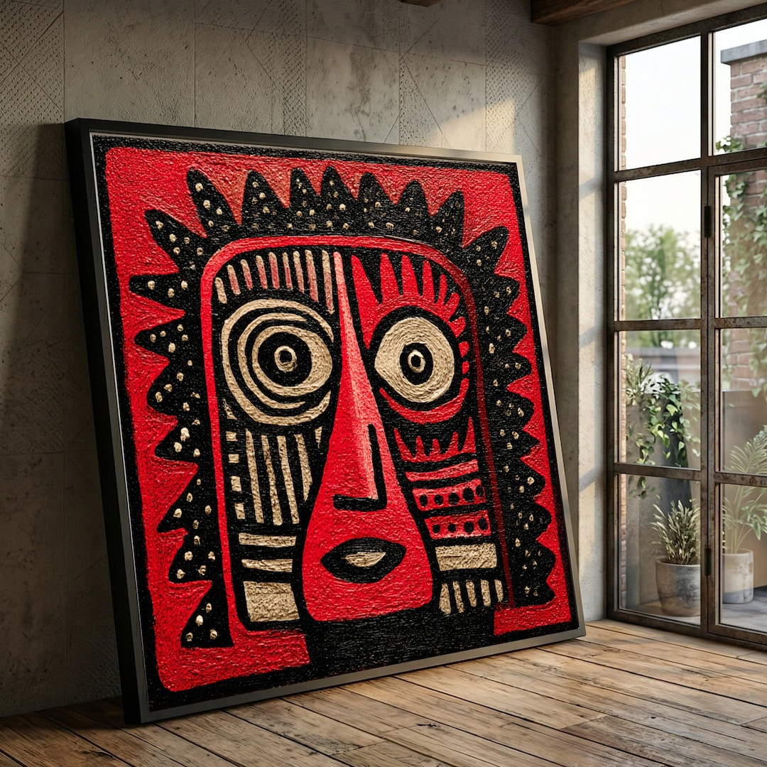 Bold Abstract Tribal Face Canvas, Modern Ethnic Wall Art, Geometric ...