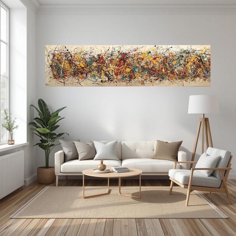 Long Narrow, Vibrant Abstract Splatter Canvas, Colorful Modern Wall Art ...