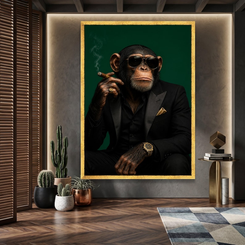 Tela sofisticada com chimpanzé e charuto, retrato de primata estiloso ...