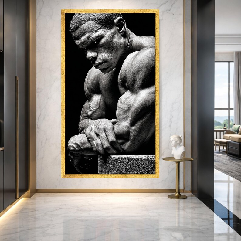 Retrato Muscular Intenso em Tela, Arte de Parede em Preto e Branco para ...