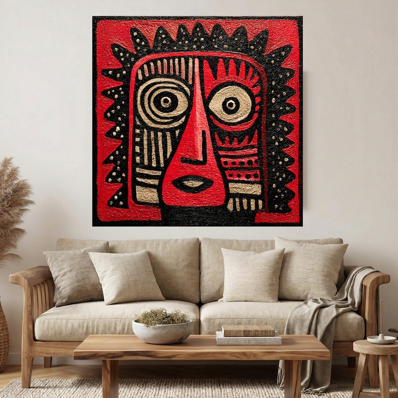 Bold Abstract Tribal Face Canvas, Modern Ethnic Wall Art, Geometric ...