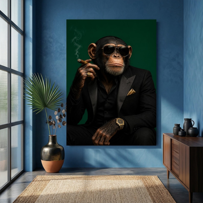 Tela sofisticada com chimpanzé e charuto, retrato de primata estiloso ...