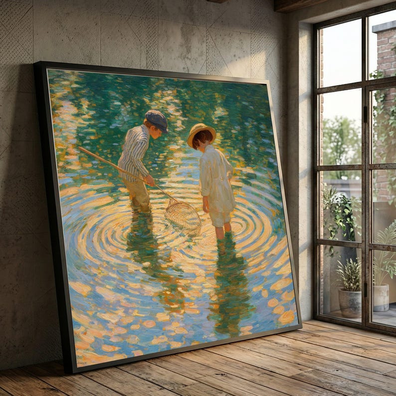 Tela com Memórias da Infância, Arte de Meninos Pescando, Reflexo na ...