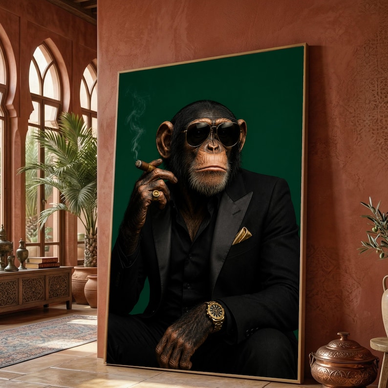 Tela sofisticada com chimpanzé e charuto, retrato de primata estiloso ...