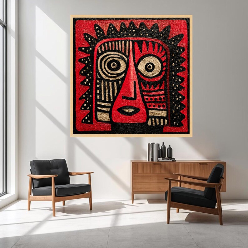 Bold Abstract Tribal Face Canvas, Modern Ethnic Wall Art, Geometric ...
