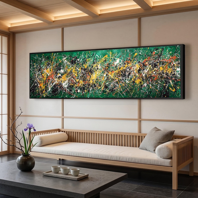 Long Narrow, Dynamic Abstract Canvas Wall Art, Green Splatter Design ...