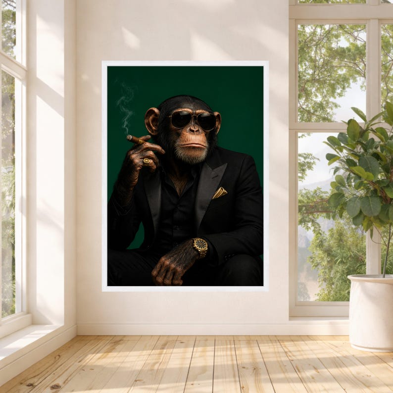 Tela sofisticada com chimpanzé e charuto, retrato de primata estiloso ...