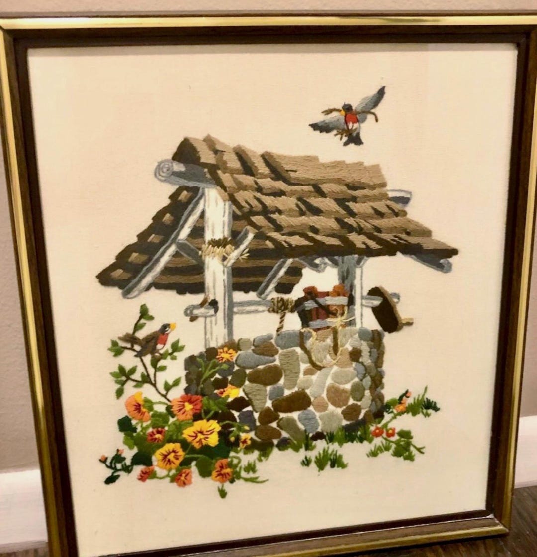 Large Vintage Wishing Well Crewel Framed Art Etsy 4980