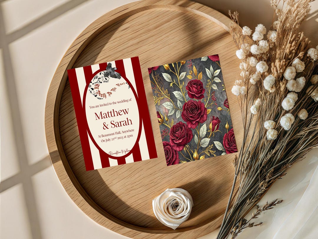 Gothic Wedding Invitations – Red Striped Birds, Dark Romance Theme ...