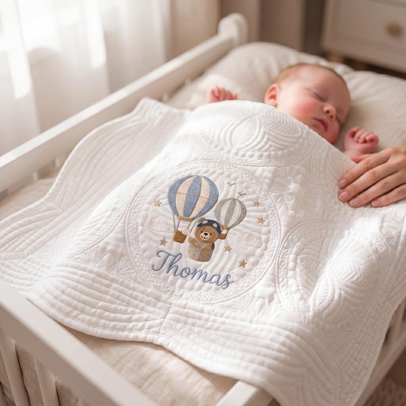 Custom Name Baby Quilt, Hot Air Balloon Bedding, Neutral Nursery Decor ...