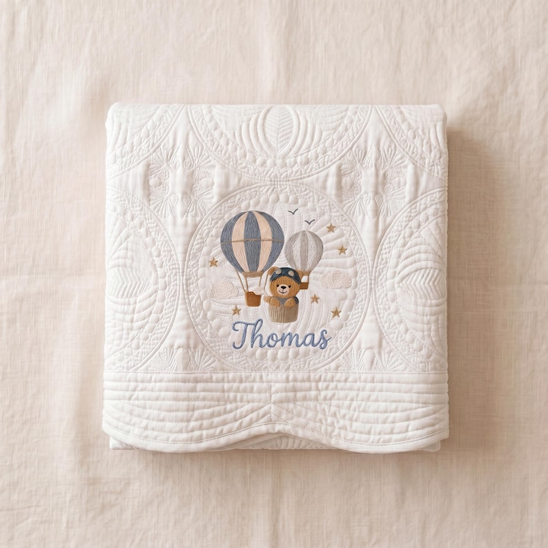 Custom Name Baby Quilt, Hot Air Balloon Bedding, Neutral Nursery Decor ...