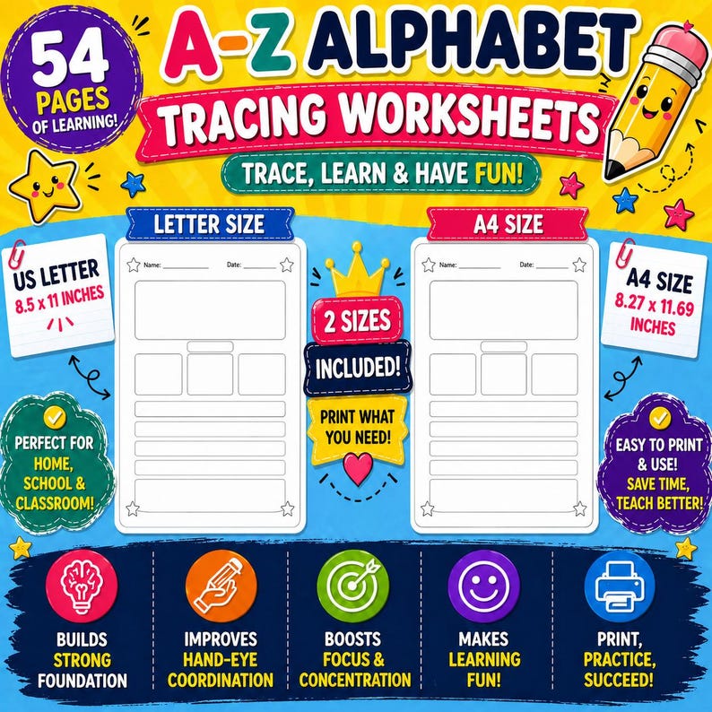 Buy Alphabet Tracing Worksheets A–Z | Printable PDF 54 Pages ...
