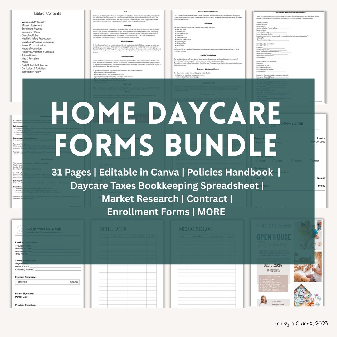 Home Daycare Forms Bundle Starter Kit Daycare Taxes Bookkeeping Parent ...