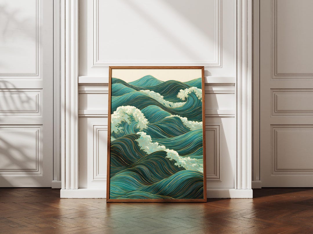 Japanese Wave Print Teal Gold Line Ocean Poster (digital Download) - Etsy