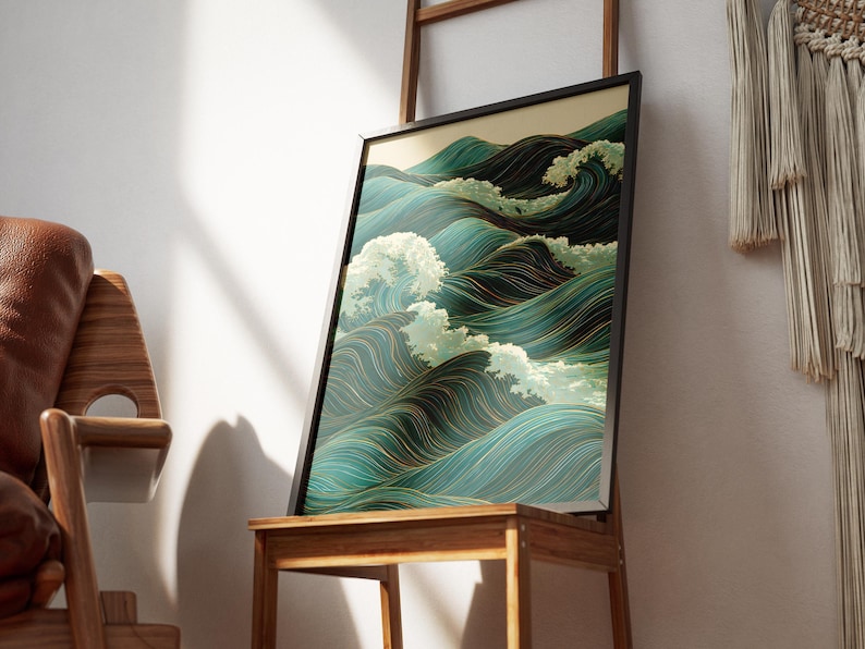 Japanese Wave Print Teal Gold Line Ocean Poster (digital Download) - Etsy