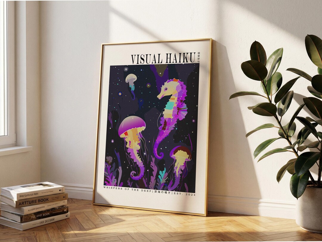 Visual Haiku Ocean Art: Purple Seahorse & Neon Jellyfish Poster ...