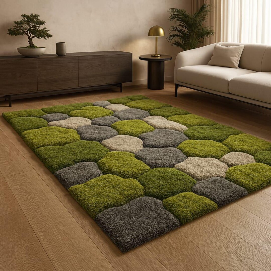 Hand Tufted Moss Rug, Sculpted Organic Stone Path Luxury Green Area ...