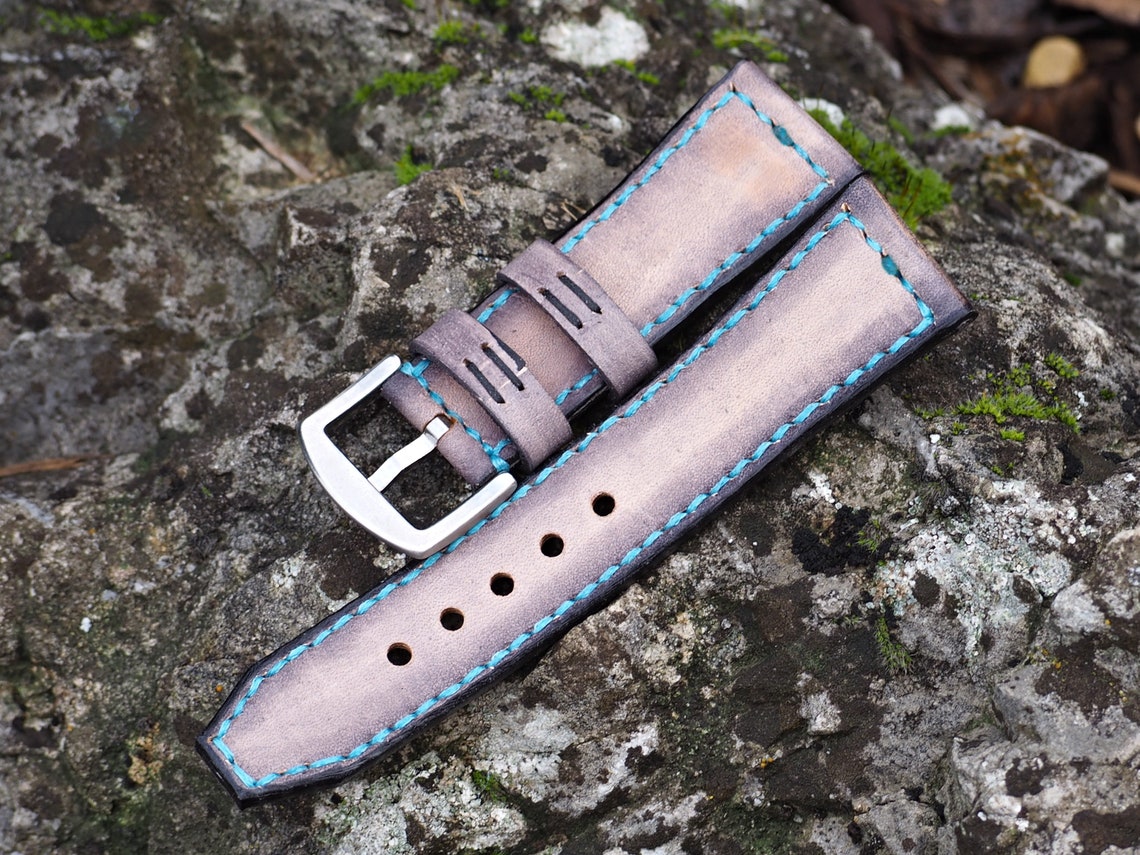 Engrave Leather Watch Strap Grey Leatherturquoise Stitching - Etsy