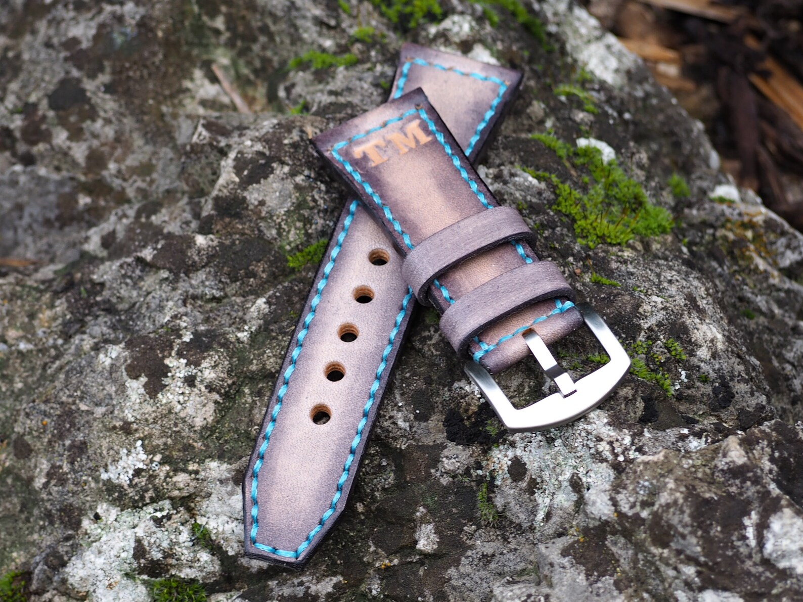 Engrave Leather Watch Strap Grey Leatherturquoise Stitching - Etsy