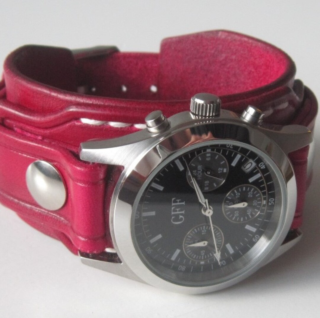 Leather Women's Watch Cuff Red, Bracelet Watch, Red Leather Wrist Watch ...