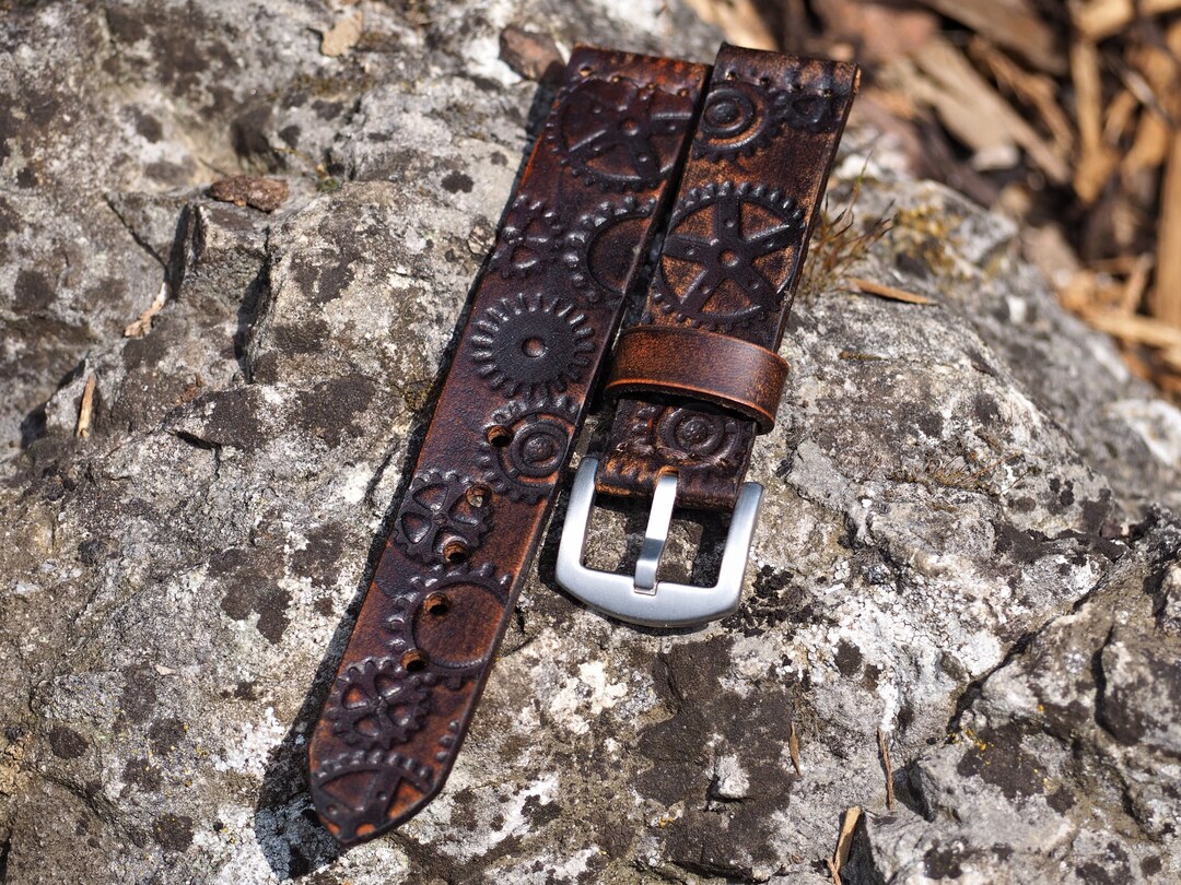 Steampunk Watch Strap, Steampunk Wheels Strap, Brown Leather Strap 20 ...