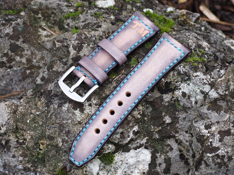 Engrave Leather Watch Strap Grey Leatherturquoise Stitching - Etsy